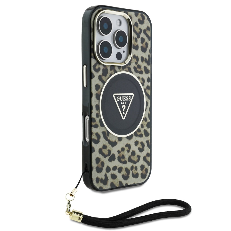 Guess IML Leopard Triangle Logo Strap MagSafe zadný kryt pre iPhone 16 ...