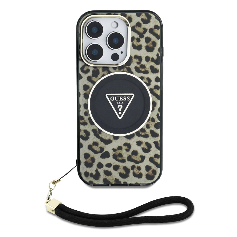 Guess IML Leopard Triangle Logo Strap MagSafe zadný kryt pre iPhone 16 ...